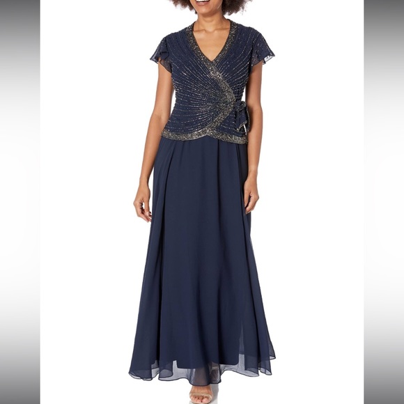 J Kara | Dresses | Nwt Jkara Navy Chiffon Embellished Evening Dress ...